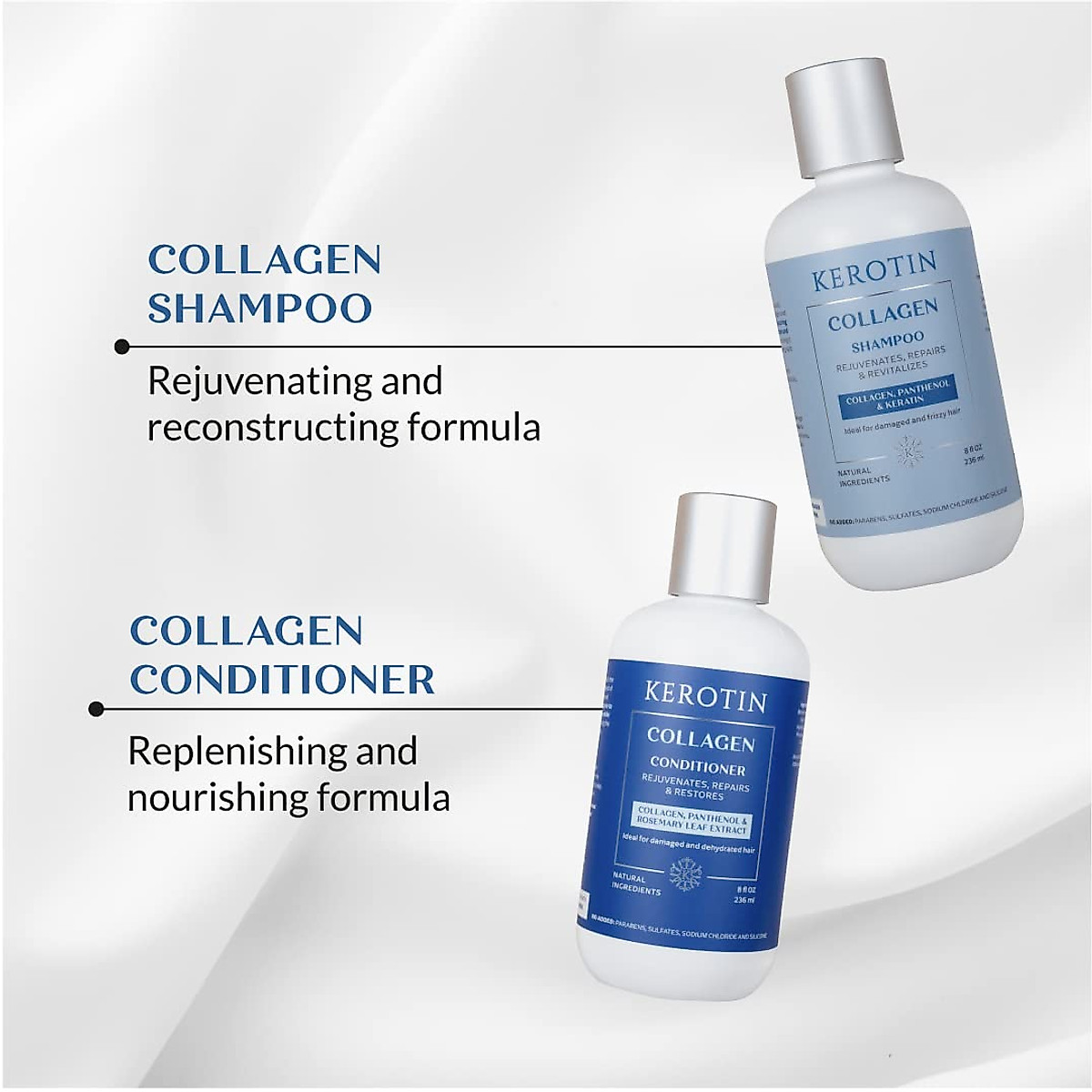 Kerotin Collagen Shampoo and Conditioner - Collagen Hair Treatment Set with Keratin, Rosemary, and Coconut Oil. Repair Damaged Hair, Prevent Breakage and Eliminate Frizz. Made in the USA