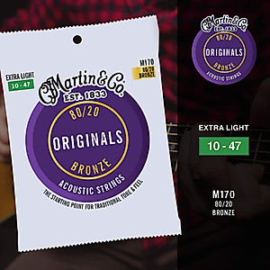 Martin Guitar Original Acoustic M170, 80/20 Bronze, Extra Light-Gauge Guitar Strings