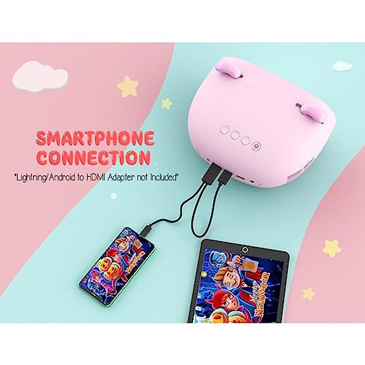 Mini Projector for Kids, Portable Movie Projector w/ 1080P Supported and 300'' Display, LED Phone Projector for Cartoons TV Movie, Party Game, Compatible with HDMI, USB, TV Stick iOS & Android