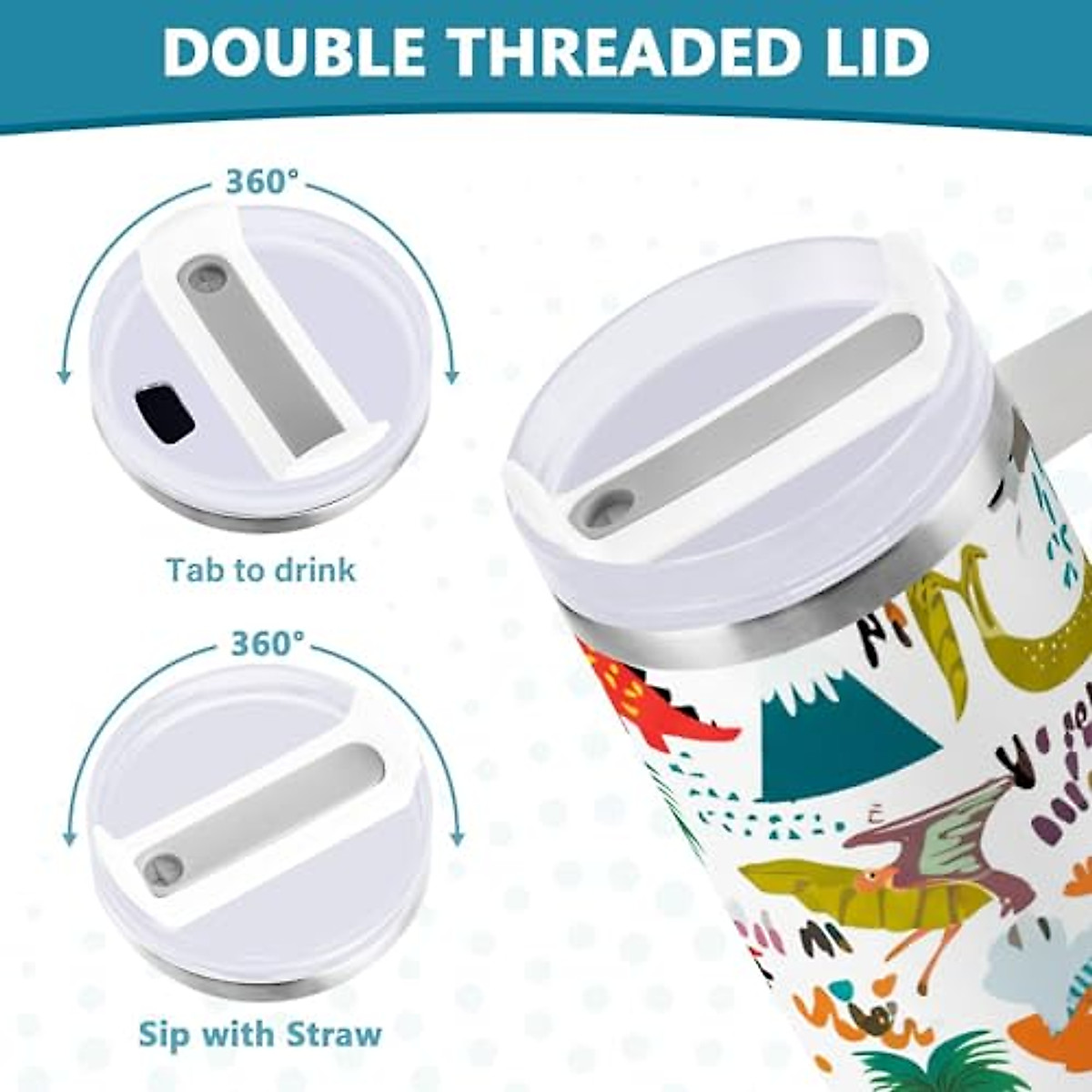 RPLIFE Cute Colorful Dinosaurs 40oz Tumbler with Handle, Stainless Steel Tumbler with Straw, Coffee Tumbler for Women