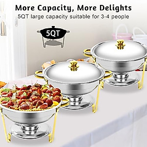 Jwevvie Gold Chafing Dishes for Buffet, 5QT Round Chafing Dish Buffet Set w/Lid, Thickened Stainless Steel Chafers and Buffet Warmers Sets for Weddings, Events, Banquet (8-Pack)