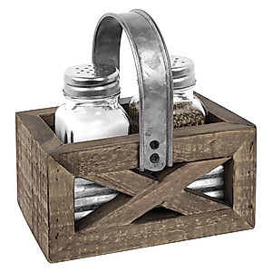 Autumn Alley Barn Door Rustic Salt and Pepper Shakers Set in Wood and Galvanized Caddy | Farmhouse Salt and Pepper Shakers For Rustic Kitchen Decor | Rustic Kitchen Accessory for your Country Kitchen