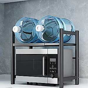 Expandable Microwave Oven Rack, Double Layer Carbon Steel Adjustable Microwave Shelf, Toaster Rack Heavy Duty Stand Kitchen Countertop Organizer, 55 lb Load Bearing, 2 Tier with 6 Hooks(Black)