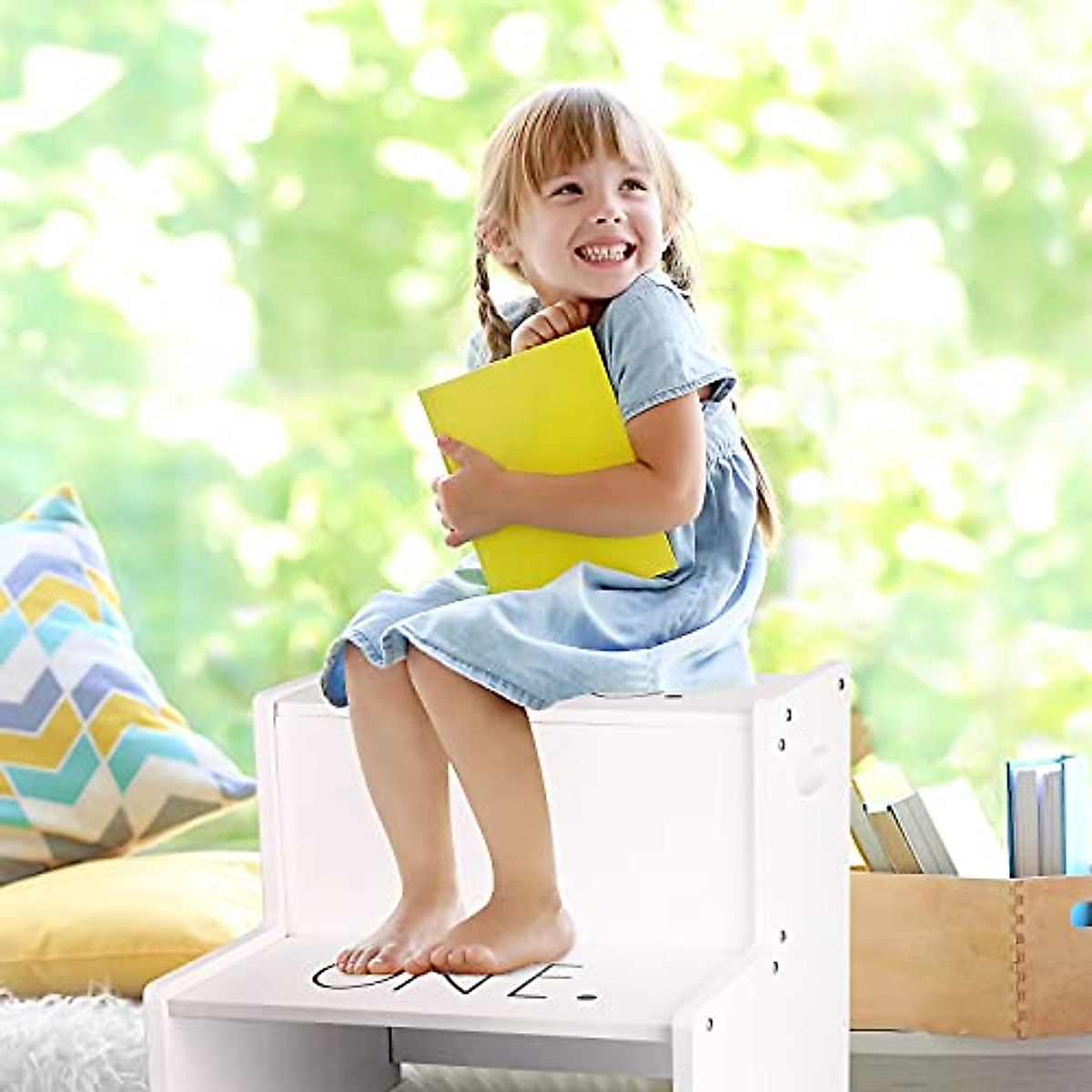 Kids 2-Step Wood Step Stool White Two Step Children's Stool with Handles Dual Height Wooden Toddler Step Stool for Kids Mini Wooden Stepping Stand for Room Kitchen