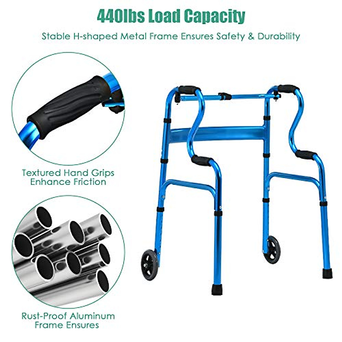 Goplus 3-in-1 Stand-Assist Folding Walker with 5" Wheels, Heavy Duty Walking Mobility Aid Supports up to 440lbs, Can be Used as Toilet Safety Rail, Narrow Drive Walkers for Seniors Elderly Adult