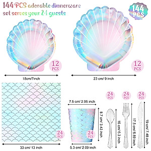 144 Pcs Mermaid Party Supplies Tableware Mermaids Themed Decorations Under the Sea Party Dinnerware Set Includes Plates Napkins Cups Spoons Fork Knives for Baby Shower Birthday Party(Classic Style)