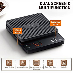 BAGAIL Kitchen Scale with Timer, 0.1g High Precision Coffee Scale, Drip Espresso Scale with Auto Tare, Touch Sensor and Silicone Cover - 6.6 lbs/3 kg