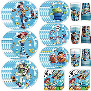 Toy Inspired Story Birthday Party Supplies Toy 120pcs Disposable Story Paper Plates and Napkins for Toy Inspired Story Party Decorations Cups Tablecloth for Boys Girl Birthday Decor, Serve 30