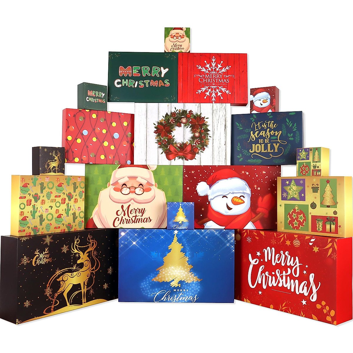 18 Gift Boxes with Lids for Presents, Assorted Christmas Wrapping Boxes for Extra Large Clothes, 12 Designs 4 Size Christmas Robes Shirt Box for Sweater, Xmas Holiday Present Box with 18 Gift Stickers