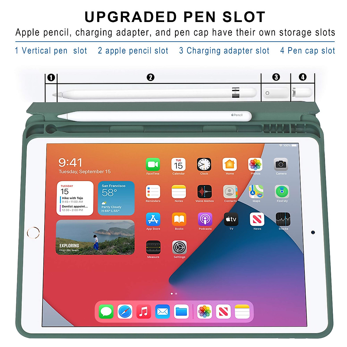 Arae for iPad 10.2 inch Case (9th Generation 2021) & (8th Generation 2020) & (7th Generation 2019) with Pencil Holder Auto Wake/Sleep Feature Standing Cover, Green