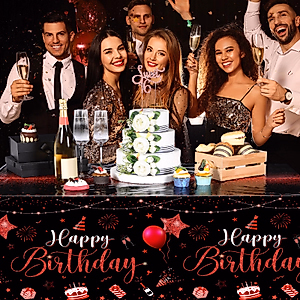 Tudomro 3 Pcs Happy Birthday Tablecloths Happy Birthday Party Decorations Plastic Table Cover Rectangular Cloths for Women Men Baby Shower Party Supplies, 108 x 54 Inch (Black Red)