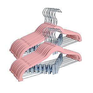 ManGotree Trouser Hangers with Movable Clips, Non-Slip Velvet Clothes Hangers, Space-Saving Skirt Hangers for Shirts, Pants, Dresses, Skirts, Coats (18 Pack, Pink)