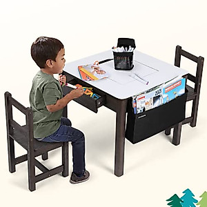 Cowiewie 3PCS Toddler Table & Chair Set Kids Wooden Activity Desk & 2 Chair Set with Storage 2 Drawers for Child Arts & Crafts,Snack Time,Homeschooling,Homework(Building Blocks Mat as Gift Included)