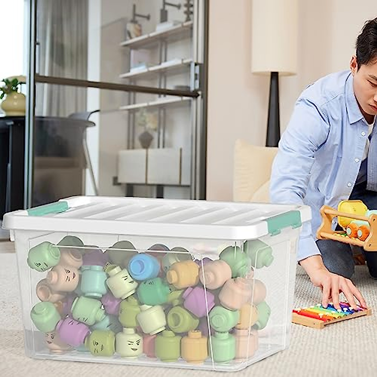 Buyitt 6-Pack 35 quart Large Plastic Storage Bin, Latching Box with Clear Base, White Lid and Green Latches