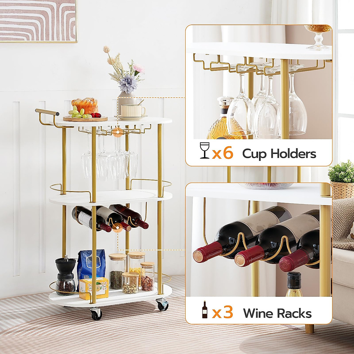 HOOBRO Bar Cart Gold, 3-Tier Home Bar Serving Cart with Lockable Wheels, Rolling Kitchen Cart with Wine Rack and Glass Holders, Mini Bar with Arc Fence for Living Room, Party, Gold and White DW60TC01