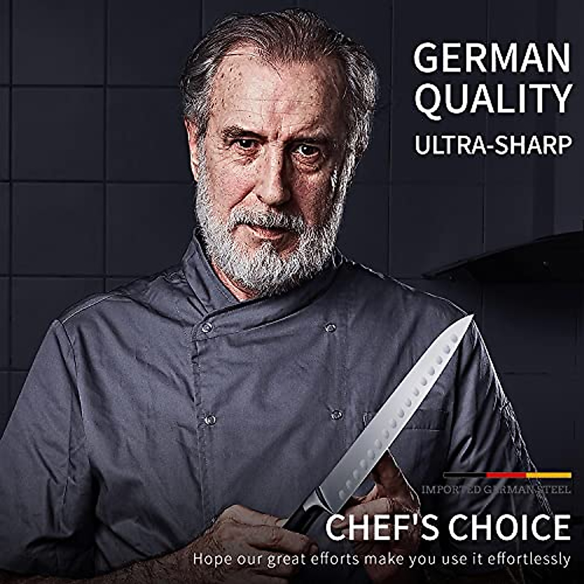 MAD SHARK Chef Knife, Professional 8 Inch Santoku Knife, Made of German High Carbon Stainless Steel, Non-stick Ultra Sharp Kitchen Knife with Ergonomic Handle, Finger Guard and Gift Box