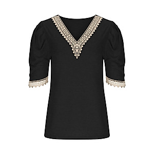 Tshirts Dresses Shirts for Women Sexy Women's Casual Summer V Neck Solid Color Hollow Gold Lace Stitching Bubble Short
