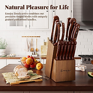 Knife Set, 15-pcs Emojoy Kitchen Knife Set with Block, Premium Kitchen Knives with Heavy Poultry Shears, Sharpener and 6pcs Serrated Steak Knives