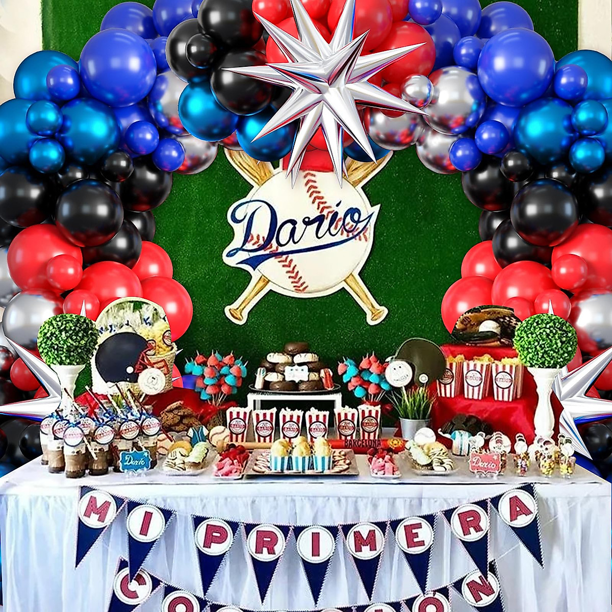 GREMAG Red Blue Black Balloon Arch, 122 Pcs Spider Theme Balloon Garland Kit, Royal Blue and Metallic Silver Blue Balloons with Two Silver Explosion Star Foil Balloon, for Boys Hero Theme Party Decor