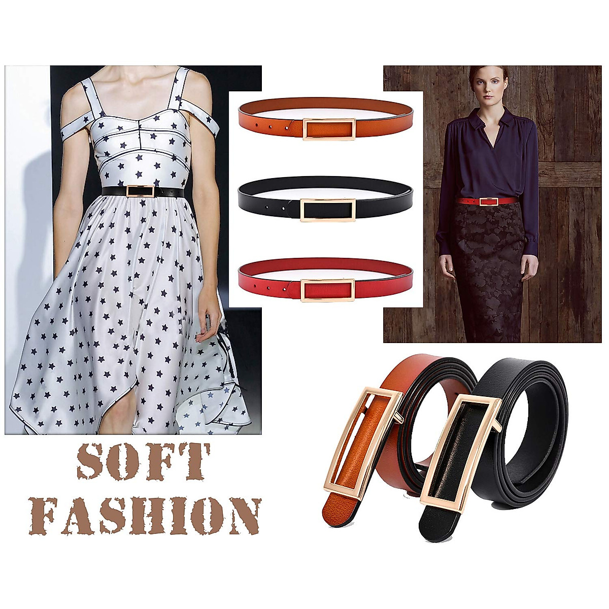 INSIGHTER Genuine Leather Belt for Women Waist Skinny Dress Belt for Jeans Pants 0.93" Width Black Red Brown White