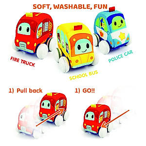 Pull Back Toy Cars – Soft Plush Toddler Car Toys, Includes: Fire Truck, Police Car & School Bus - Machine Washable 6 Months Baby Toys (Set of 3)