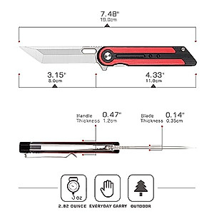XTOUC Folding Pocket Knife, Tanto D2 Blade, G10 Handle, EDC Knife with Ceramic Ball Bearing, Deep Carry Pocket Clip, Flipper Opening, Knives for Men and Women Camping Hiking (Red)
