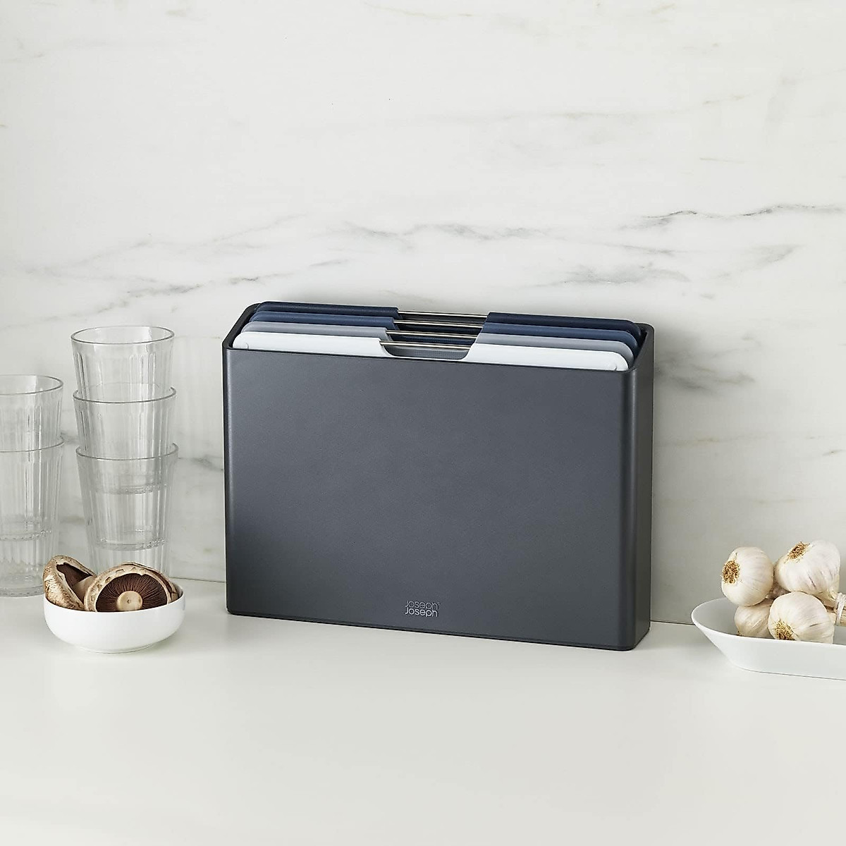 Joseph Joseph Folio Plastic Kitchen Cutting Board Set with Storage Case Color-Coded Easy-Access Design Dishwasher Safe Non-Slip, Large, Silver