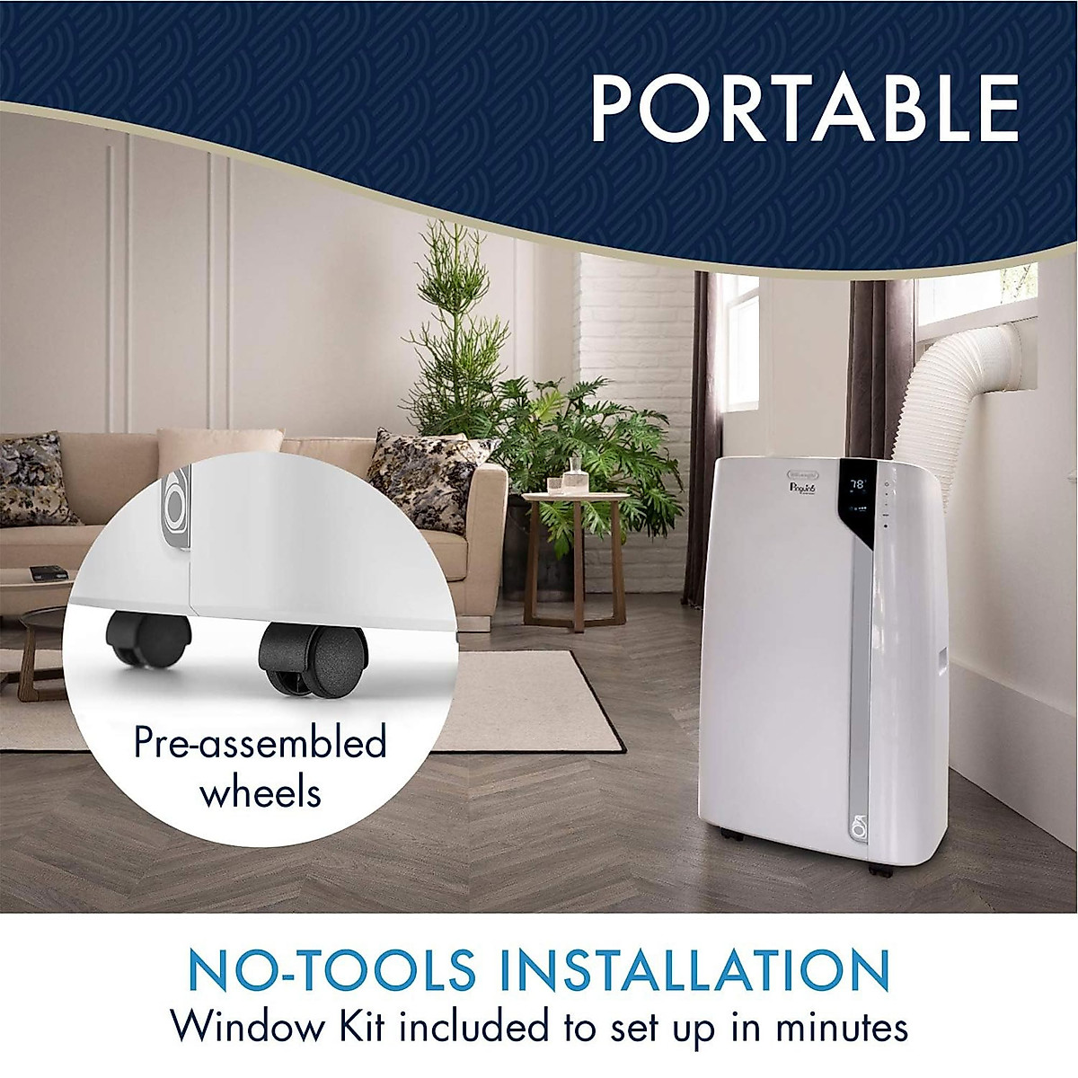 DeLonghi PAC360LVYN WH Pinguino Portable Air Conditioner in White with 6800.0 BTU Cooling Power, Remote Control, Dehumidifier and Portable Design