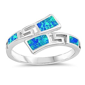 Blue Simulated Opal Wave Double Shank Greek Key Ring Sterling Silver Band Size 6
