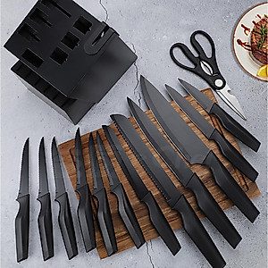 Knife Set, 14 Pieces Kitchen Knife Set with Built-in Sharpener Block, Self Sharpening Knives Sets, Stainless Steel Knife Block Set, Black