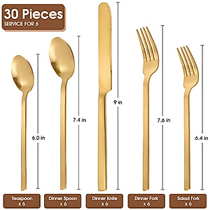 Matte Gold Silverware Set，OPOLIA 30-Piece Stainless Steel Flatware Cutlery Set for 6，Stain Finish Tableware Eating Utensils, Food Grade, Dishwasher Safe