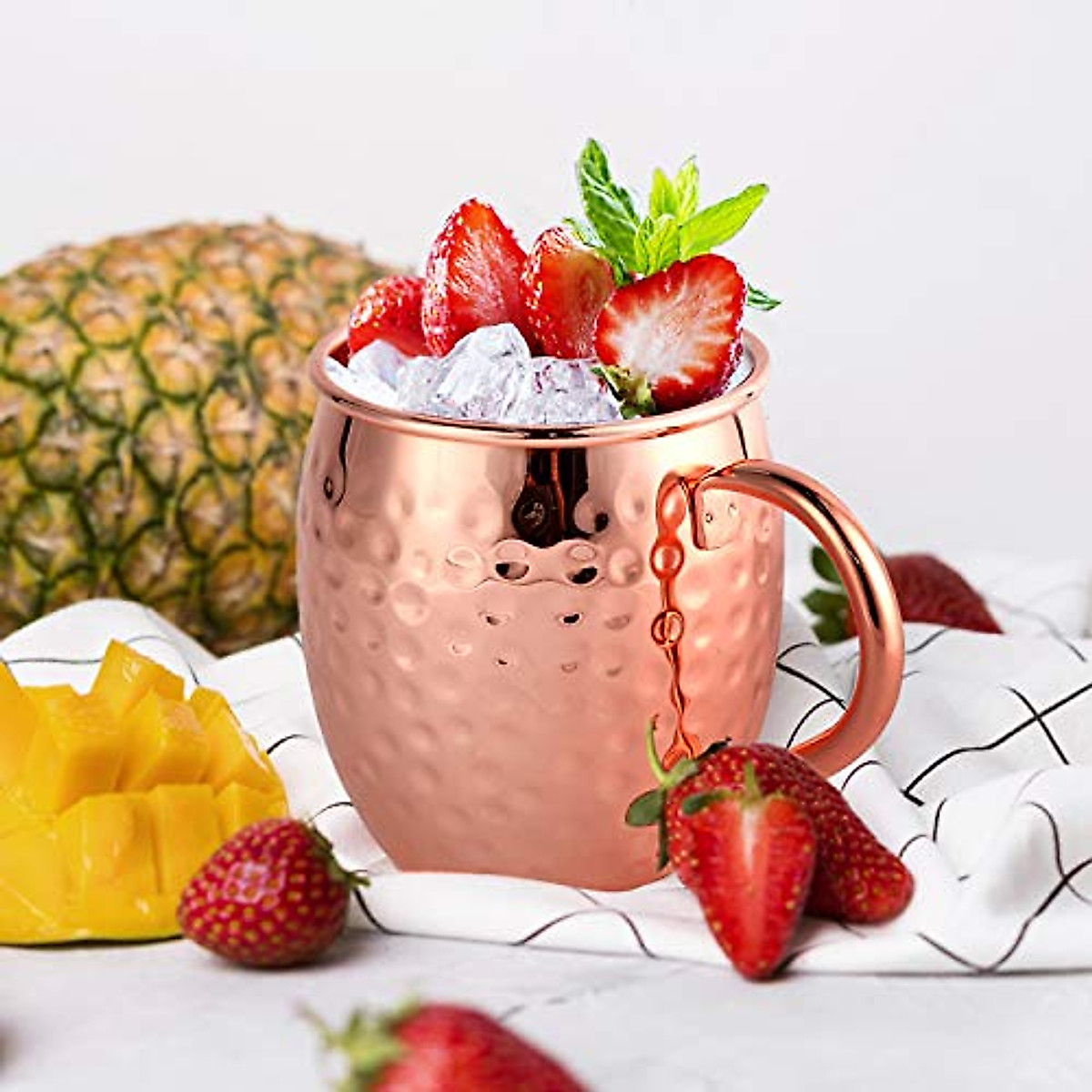 DOTGROUP Moscow Mule Mugs, Copper Mule Mugs Set of 4, Creative Hammer Point Copper Cups with Copper-plated Inner for Beer and Cocktail, 4 Cocktail Copper Straws, 1 Stirring Rod, 2oz/4oz Double Jigger