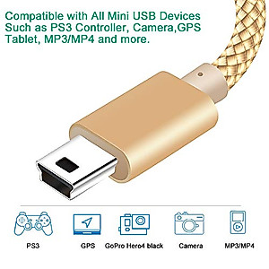 10ft Mini USB Cable Braided,SIOCEN Long Type A Male to Mini-B Charger Cord for GoPro Hero 3+,Canon PowerShot/Rebel/EOS/DSLR Camera,PS3 Controller Cord Charging Wire for Garmin Nuvi,Dash Cam,PDAs