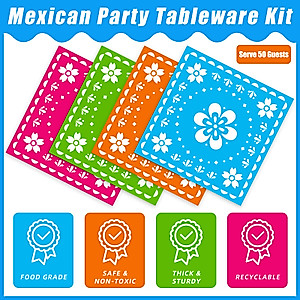 Kepeel 200Pcs Fiesta Party Plates, Mexican Cinco De Mayo Party Decorations Supplies Mexican Papel Picado Disposable Paper Plates Napkins for Taco Carnival Birthday Baby Shower Tableware, Serves 50