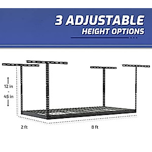 SafeRacks 2x8 Overhead Garage Storage Rack - 400 Pound Weight Capacity Height Adjustable Steel Ceiling-Mounted Rack with Accessories (Hammertone) (24"-45")