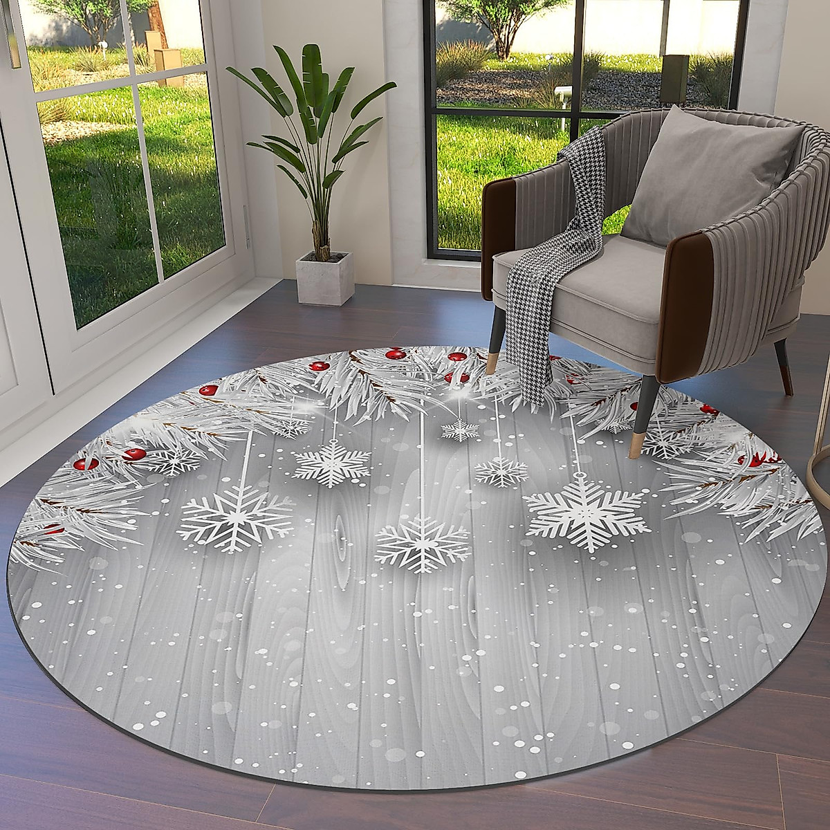 Christmas Pine Area Rug Carpet for Kids Teen Girls Boys Bedroom, Living Room, Washable Outdoor Indoor Accent Throw Runner Floor Mat Area+Rug Silver Tree Leaves Snowflake Farmhouse 3FT(Round)