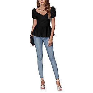LYANER Women's Wrap V Neck Zipper Back Puff Short Sleeve Flare Ruffle Peplum Top Blouse Black X-Large