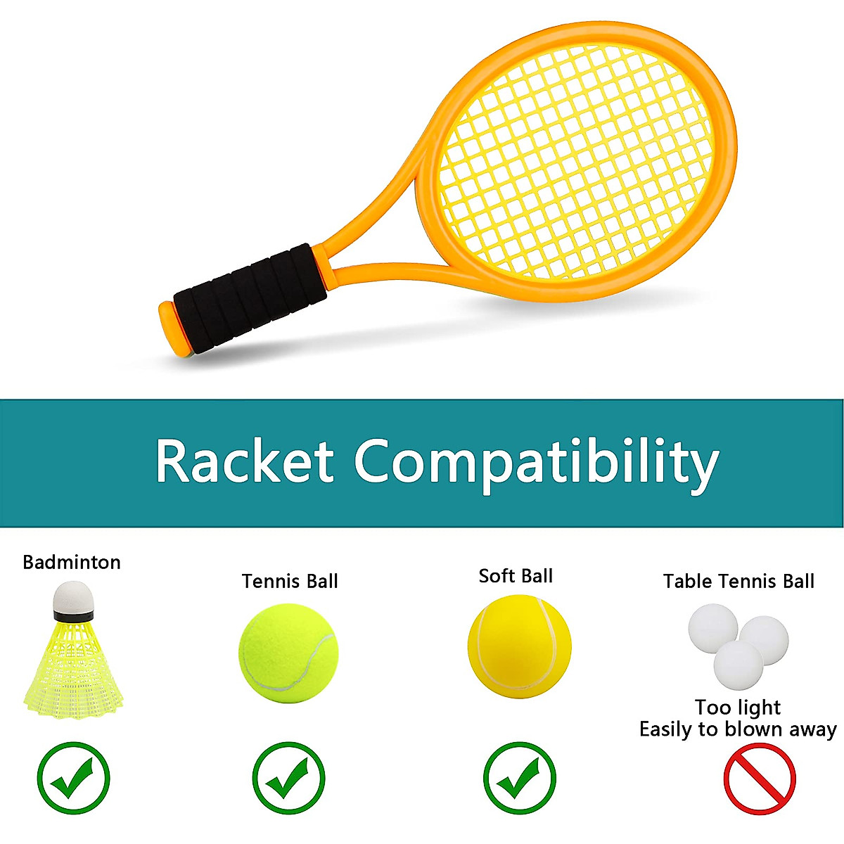Kids Tennis Racket,17 Inch Plastic Tennis Racket with 2 Soft Balls,2 Tennis Balls and 4 Shuttlecocks for Kid,Toddler Outdoor/Indoor Sport Play (Green&Yellow)