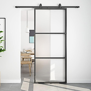 BARNSMITH 36in x 84in Frosted Glass Barn Door with 6FT Top Mounted Hardware kit Include Soft Close Mechanism Black Carbon Steel Tempered Frosted Glass Sliding Door, Assemble Required Easy Installation