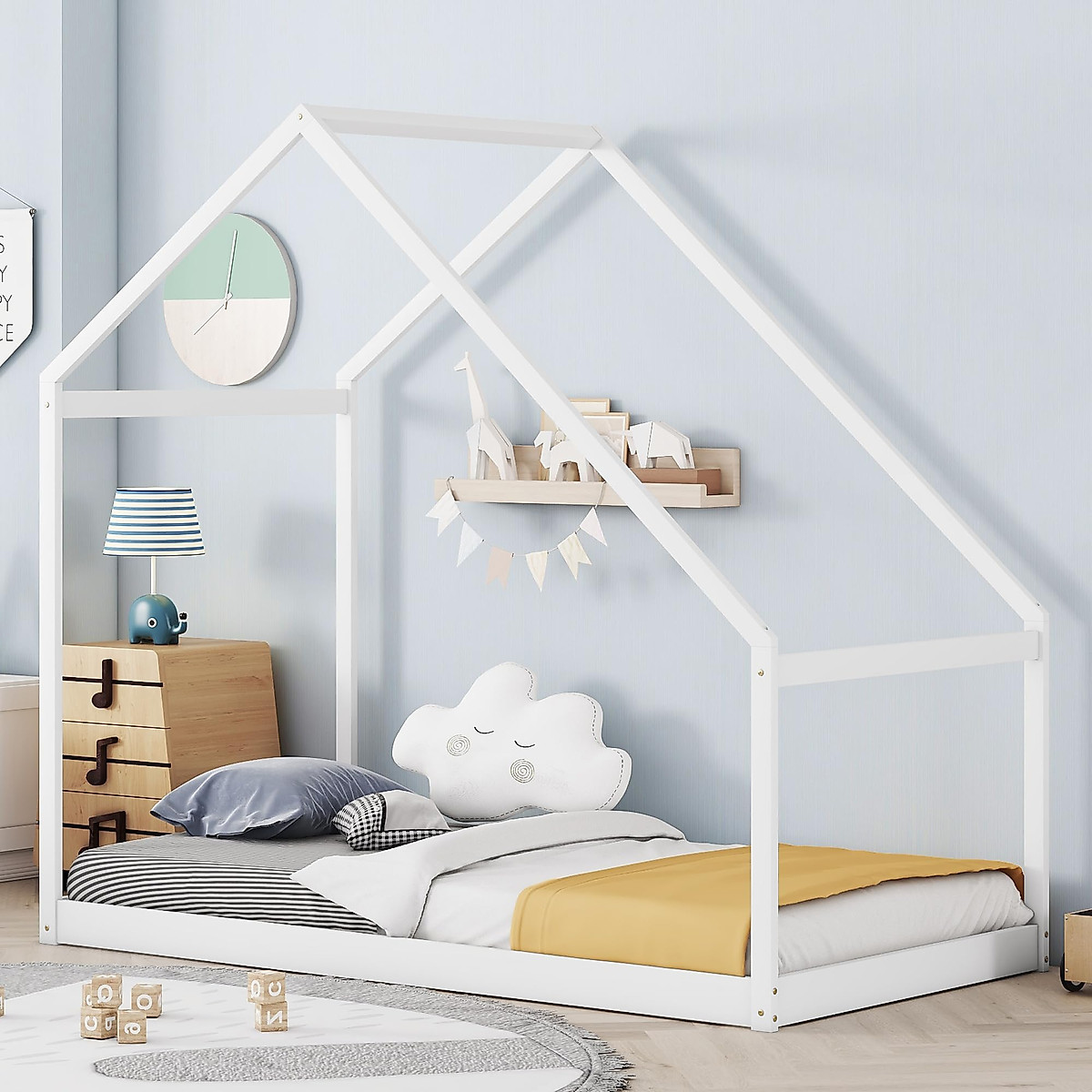 Merax Twin Bed Frames with Roof for Kids Girls Boys, Montessori Wooden House Shaped, Sturdy Framework, Easy Assembly, No Noise