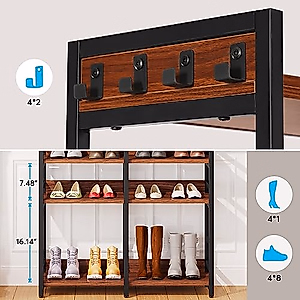Tribesigns Open Shoe Cabinet, 9-Tier Tall Wooden Shoe Rack with Side Hooks for Entryway, Freestanding 36 Pairs Wood Shoes Storage Shelf Cabinet with Heavy Duty Metal Frame, Black Rustic Brown