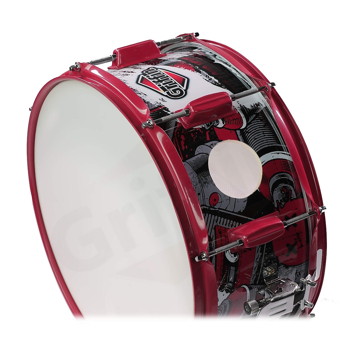 GRIFFIN Snare Drum Birch Wood Shell 14 X 6.5 Inch | Oversize 2.5" Large Vents & Custom Graphic Wrap (Limited Edition) | Red Hardware & Marching Drummers Key for Students & Pros | 8 Metal Tuning Lugs
