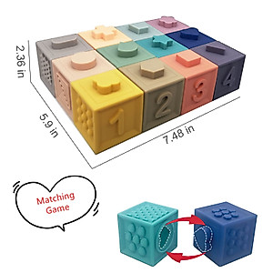 Yzata Baby Blocks Soft Building Blocks Baby Teething Toys Teethers Educational Squeeze Play with Numbers Animals Shapes Textures Gifts 6 Months and Up 12PCS