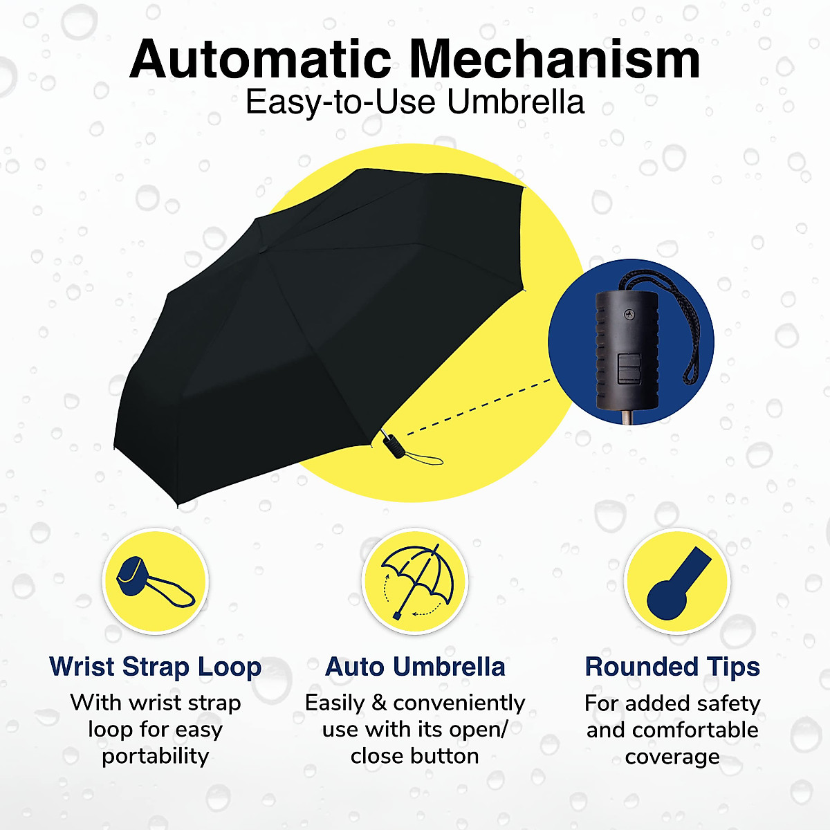 Weather Station Automatic Rain Umbrella, Windproof, Lightweight, and Packable for Travel, Full 42 Inch Arc, Black
