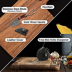 Damascus Pocket Knife Set Mini Knife with Sheath, Chef Knife EDC Knives Small Knife Cleaver, Package Opener, Box Cutter, Bottle Opener Keychain Tiny Things with Pocket Knife Sharpener - Set of 7