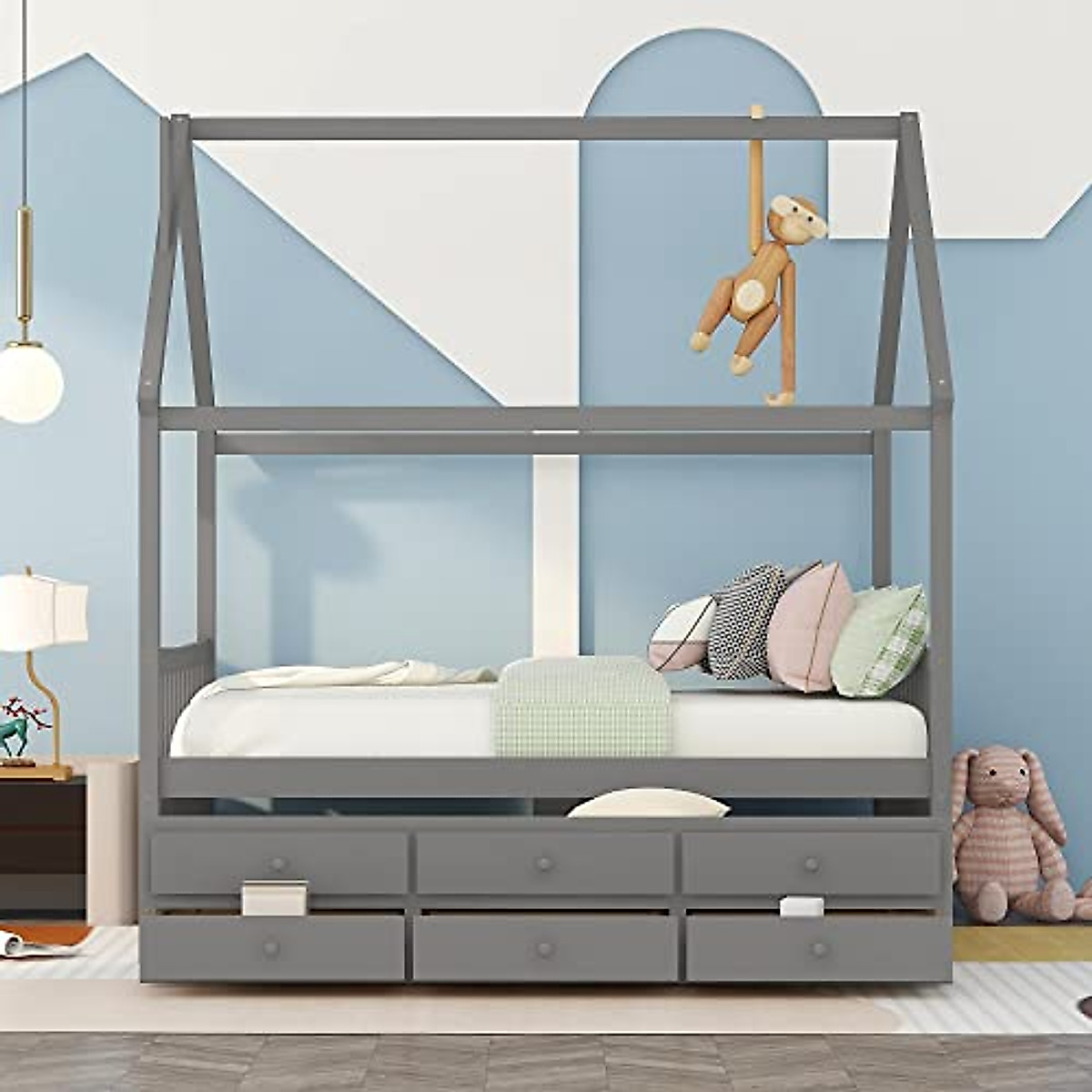 BIADNBZ Full Size House Bed Frame with Trundle, Storage Drawers and Roof for Kids Girls Boys Bedroom, Gray