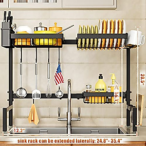 YKLSLH 2 Tiers of Retractable Large Over The Sink Dish Drying Rack with 3 Baskets, for All Sinks (22.8"-39.4"),Adjustable Large Capacity Sink Rack, Iron Drain Rack to Save Space（2 Tiers-3 Baskets）