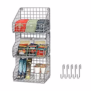 3 Tier Stackable Tea Bag Organizer with 5 Hooks Metal Wire Basket Coffee Condiment Snack Rack Holder Countertop Caddy Bin Wall Mount Shelf for Office Kitchen Cabinet Pantry-Silver Patent Desgin