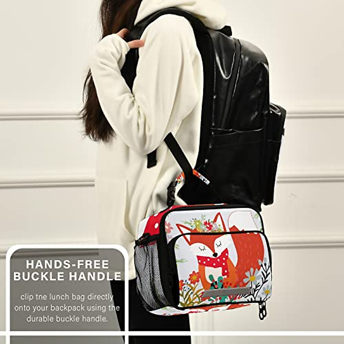 Cute Fox Lunch Box Flower Insulated Lunch Bag Girls Cooler Tote Kids Boys Shoulder Strap Reusable for School Picnic Travel Office