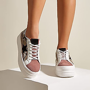 BELOS Fashion Platform Women Sneakers Faux Suede Stars Holographic Rainbow Walking Shoes(Pink Snake,8.5)